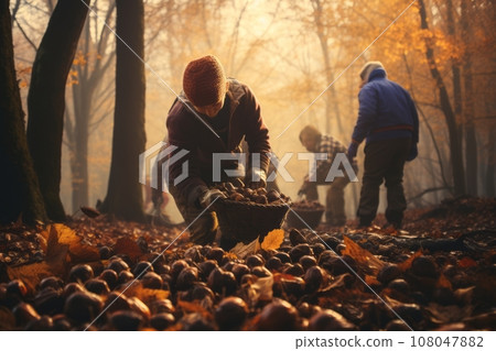 People gathering chestnuts in a picturesque... - Stock Illustration ...