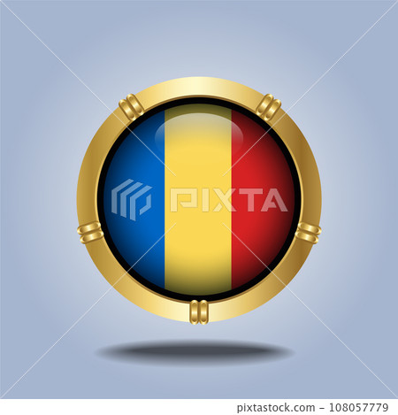 Romania flag. Round glossy. Gold frame.... - Stock Illustration ...