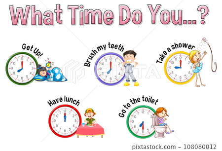 Daily routine with time and cartoon characters - Stock Illustration ...