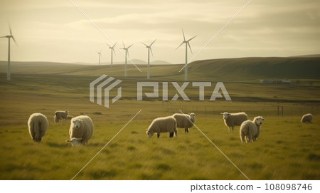 Sheep grazing near wind turbines on the... - Stock Illustration ...