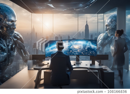 How AI robots and humans coexist in a... - Stock Illustration ...