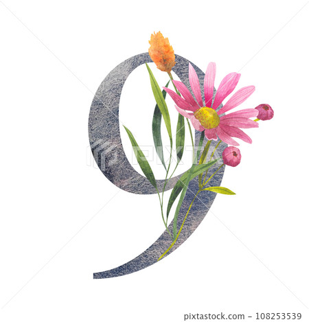 Floral Number 9 nine. Watercolor element with... - Stock Illustration ...