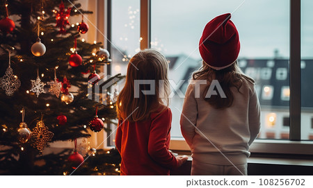 children look out the window on Christmas Eve... - Stock Illustration ...