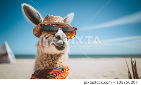 cute lama on vacation on the beach wearing a... - Stock Illustration ...