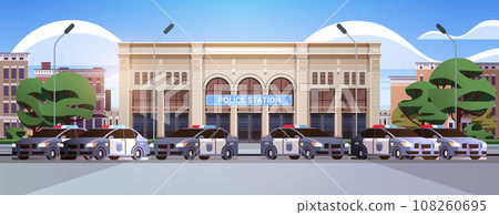official cars near police station building... - Stock Illustration ...