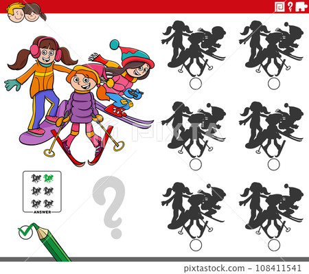 shadow game with cartoon girls skiing and... - Stock Illustration ...