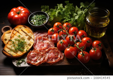 Tapas on the wooden board and ingredients.... - Stock Illustration ...
