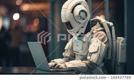 A humanoid robot works in an office on a... - Stock Illustration ...