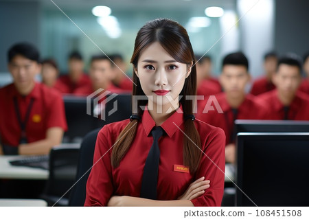 Chinese customer service representatives sit in... - Stock Illustration ...
