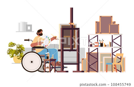 disabled man artist in wheelchair drawing on... - Stock Illustration ...