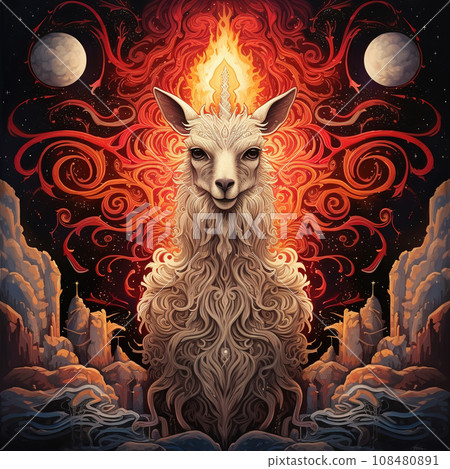 Fantasy art of llama an Four elements. Wildlife... - Stock Illustration ...