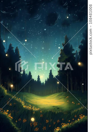 Green trees and starry night standing on a... - Stock Illustration ...