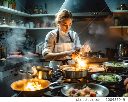 chef cooking over a flame in a sizzling frying pan - Stock Illustration ...