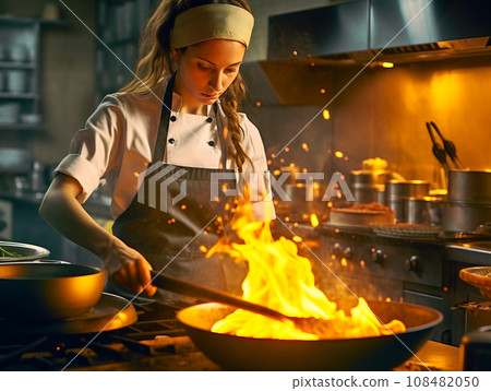 chef cooking over a flame in a sizzling frying pan - Stock Illustration ...
