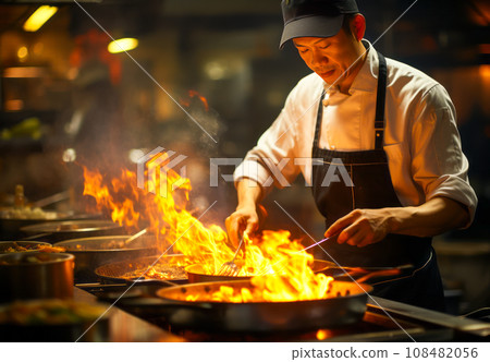 chef cooking over a flame in a sizzling frying pan - Stock Illustration ...