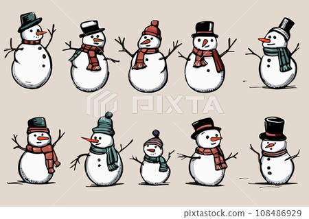 sketch cute snowman in hats and scarves hand... - Stock Illustration ...