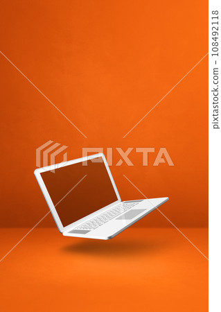 Floating computer laptop isolated on orange.... - Stock Illustration ...