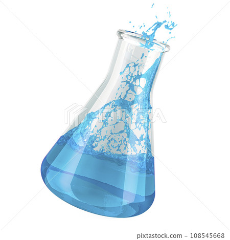 Chemical Flask with blue liquid and splash, 3D... - Stock Illustration ...