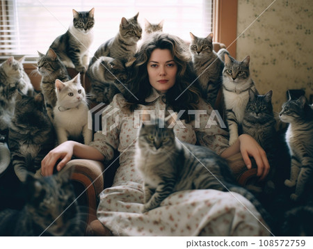 Crazy cat lady sitting in chair with many cats... - Stock Illustration ...