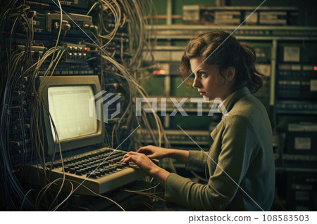 Woman using vintage computer. Generative AI - Stock Illustration [108583503] - PIXTA