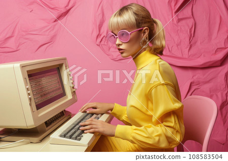 Woman using vintage computer. Generative AI - Stock Illustration [108583504] - PIXTA