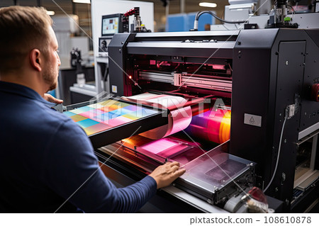 a man printing on a large printer machine in a... - Stock Illustration ...