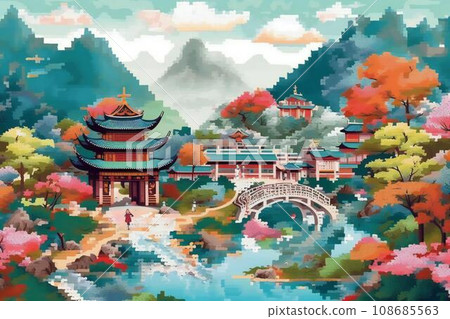 Pixel painting of a temple built on a hill of... - Stock Illustration ...