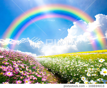 Rainbow and light over a flower field,... - Stock Illustration ...