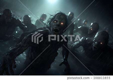 group of zombies in water at rainy night,... - Stock Illustration ...