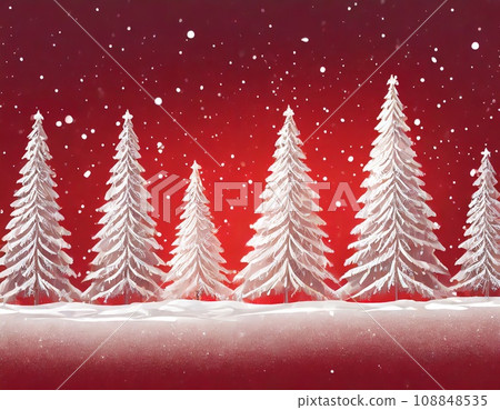 Snow-covered trees and red background,... - Stock Illustration ...
