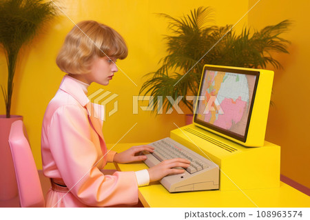 Woman using vintage computer. Generative AI - Stock Illustration [108963574] - PIXTA