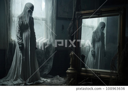 Creepy ghost reflection in mirror. Generative AI - Stock Illustration ...