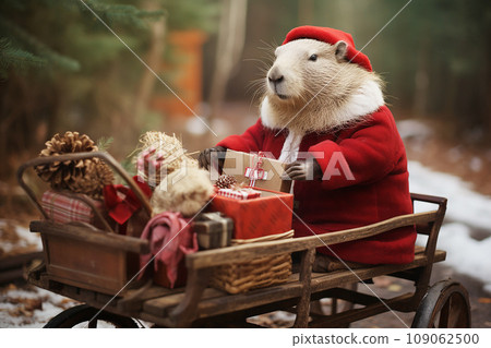 Capybara in a Santa suit, Christmas setting - Stock Illustration ...