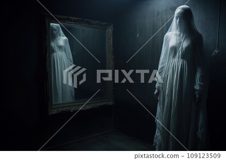 Creepy ghost reflection in mirror. Generative AI - Stock Illustration ...