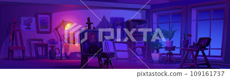 Night art studio room interior with equipment - Stock Illustration ...