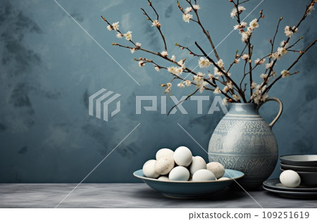 the easter morning table with colored eggs... - Stock Illustration ...