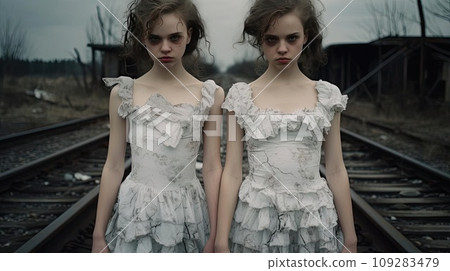 Two girls in identical dresses-插圖素材 [109283479] - PIXTA圖庫