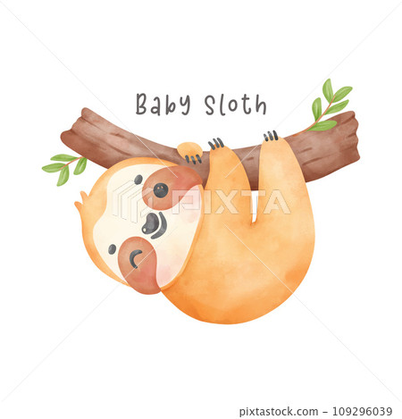 Adorable baby sloth hanging on tree cartoon... - Stock Illustration ...