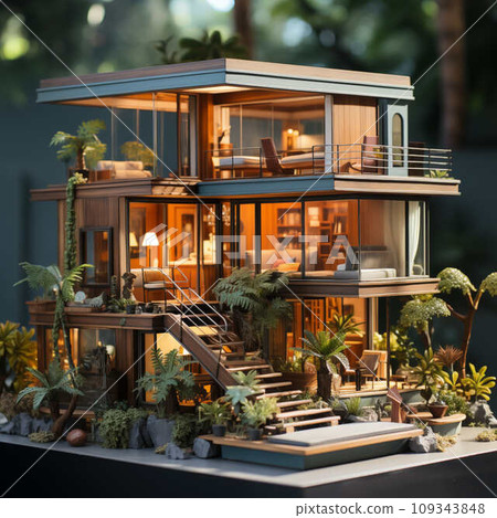 A realistic wooden modern tiny house with flat...-插圖素材 [109343848 ...