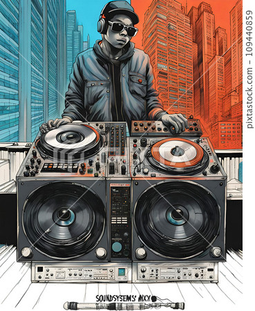 Disc jockey with music studio and dj setup with... - Stock Illustration ...