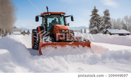 AI-generated content. Big orange tractor cleans... - Stock Illustration ...
