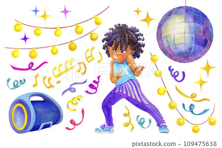 Set of dancing party object and character with... - Stock Illustration ...