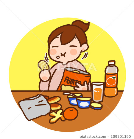 A girl who eats too many snacks - Stock Illustration [109501390] - PIXTA