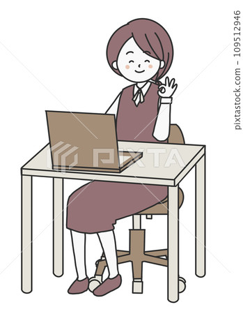 A woman operating a computer and taking an OK pose - Stock Illustration ...