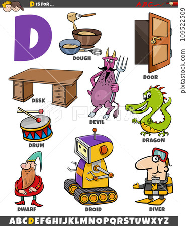 Letter D set with cartoon objects and characters - Stock Illustration ...