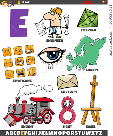 Letter E set with cartoon objects and characters - Stock Illustration ...