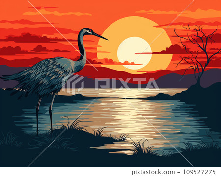 Morning sun and crane New Year's card - Stock Illustration [109527275 ...