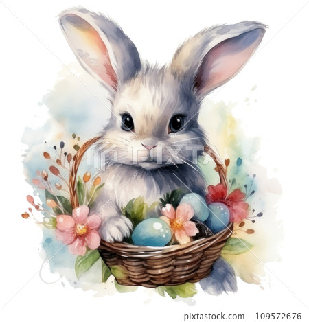 cute watercolor easter bunny with basket of... - Stock Illustration ...