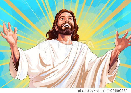 Happy Jesus raises his hands to heaven - Stock Illustration [109606381 ...