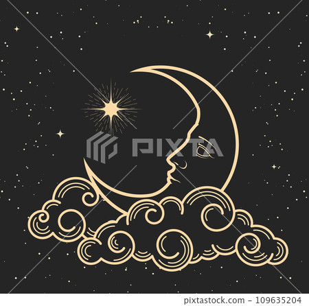 Mystic half-moon with face sleeps on clouds,... - Stock Illustration ...